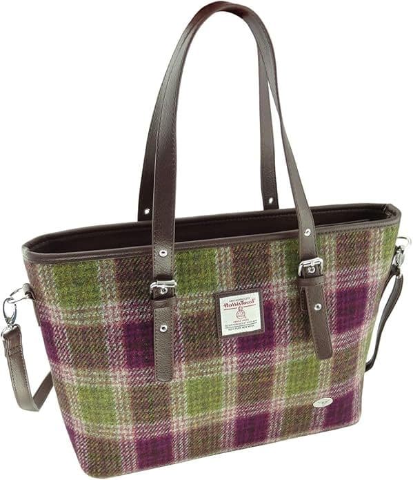 Harris Tweed Green & Purple Check Large Tote Bag