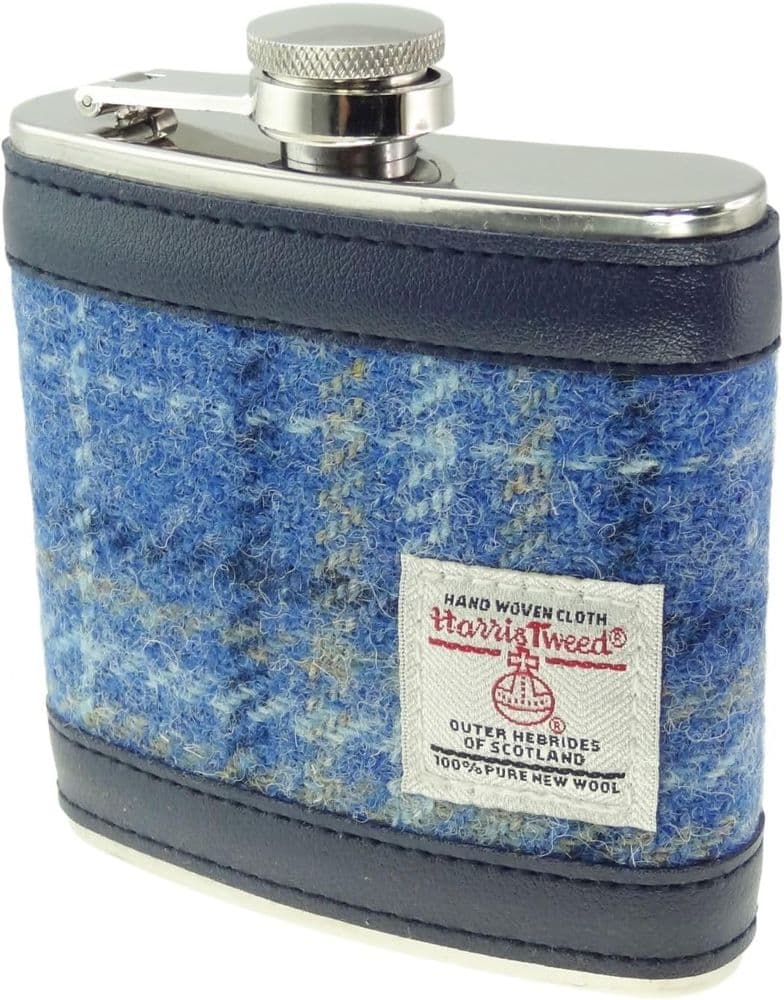 Harris Tweed Hip Flask Gift Boxed - Blue Check