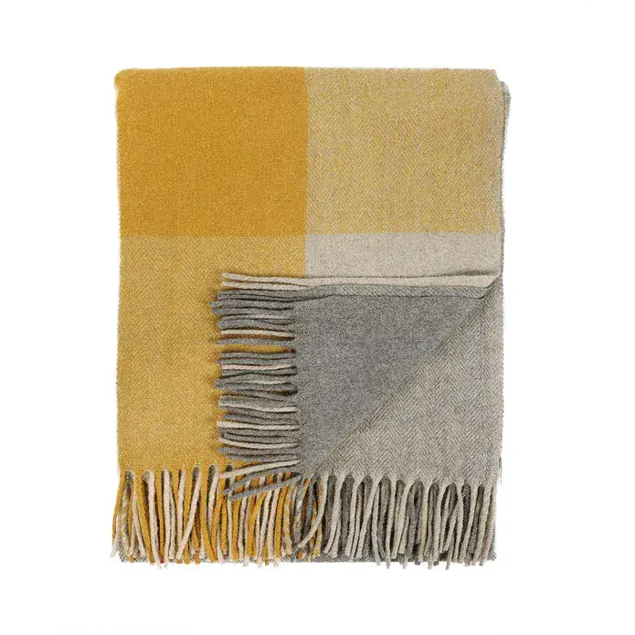 Natural Ochre Block Check Herringbone Blanket - Wool Blend - Unique ...