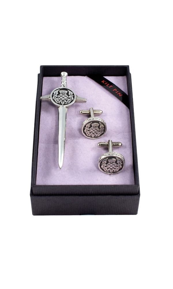 Scottish Elegant Traditional Round Thistle Kilt Pin & Cufflink Gift Set