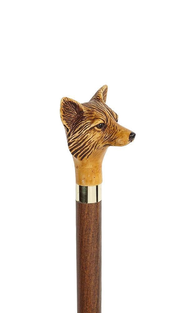 Scottish Traditional Fox Moulded Top Walking Stick With Wooden Shaft