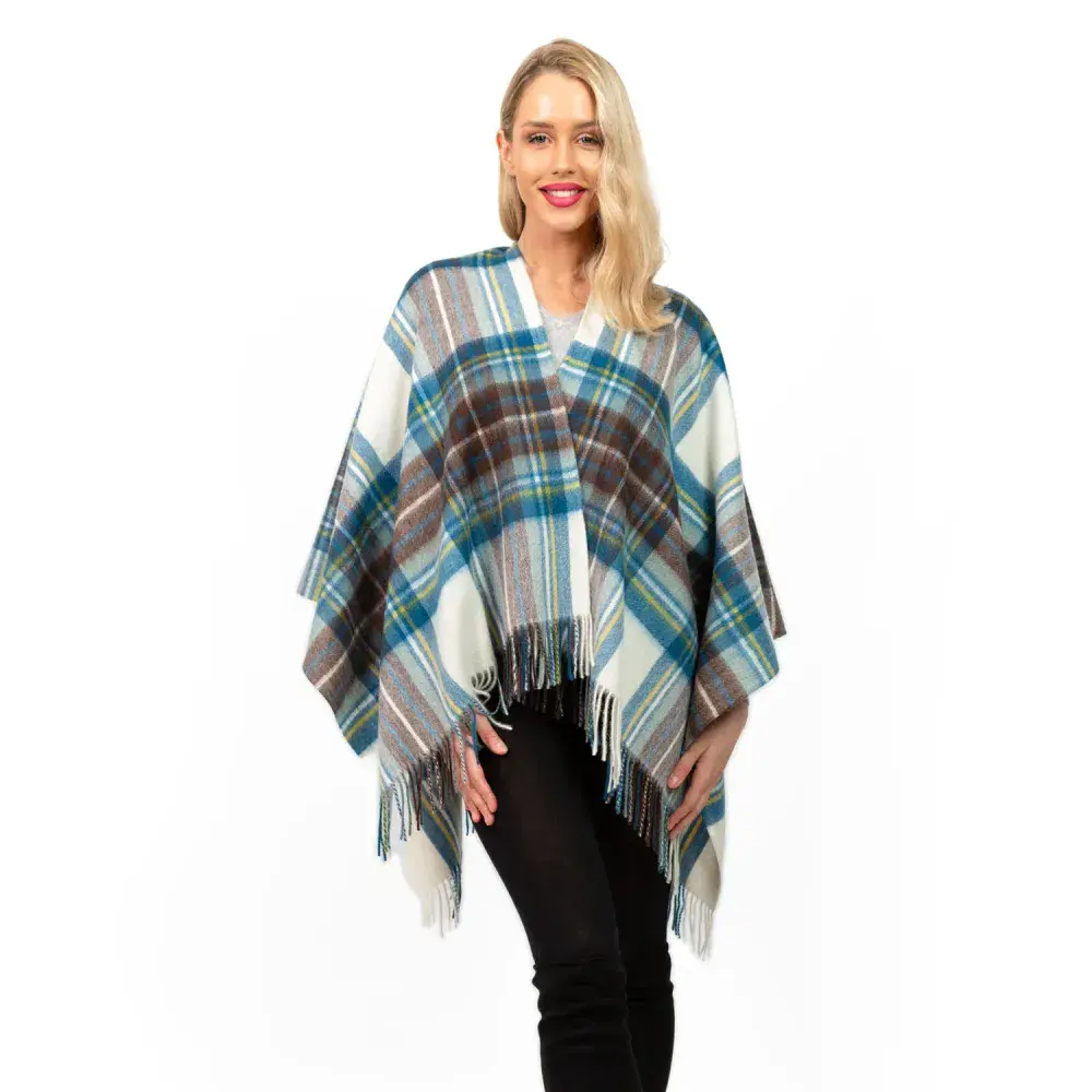 Women s Luxury Mini Lambswool Cape - Stylish - Stewart Muted Blue Tartan