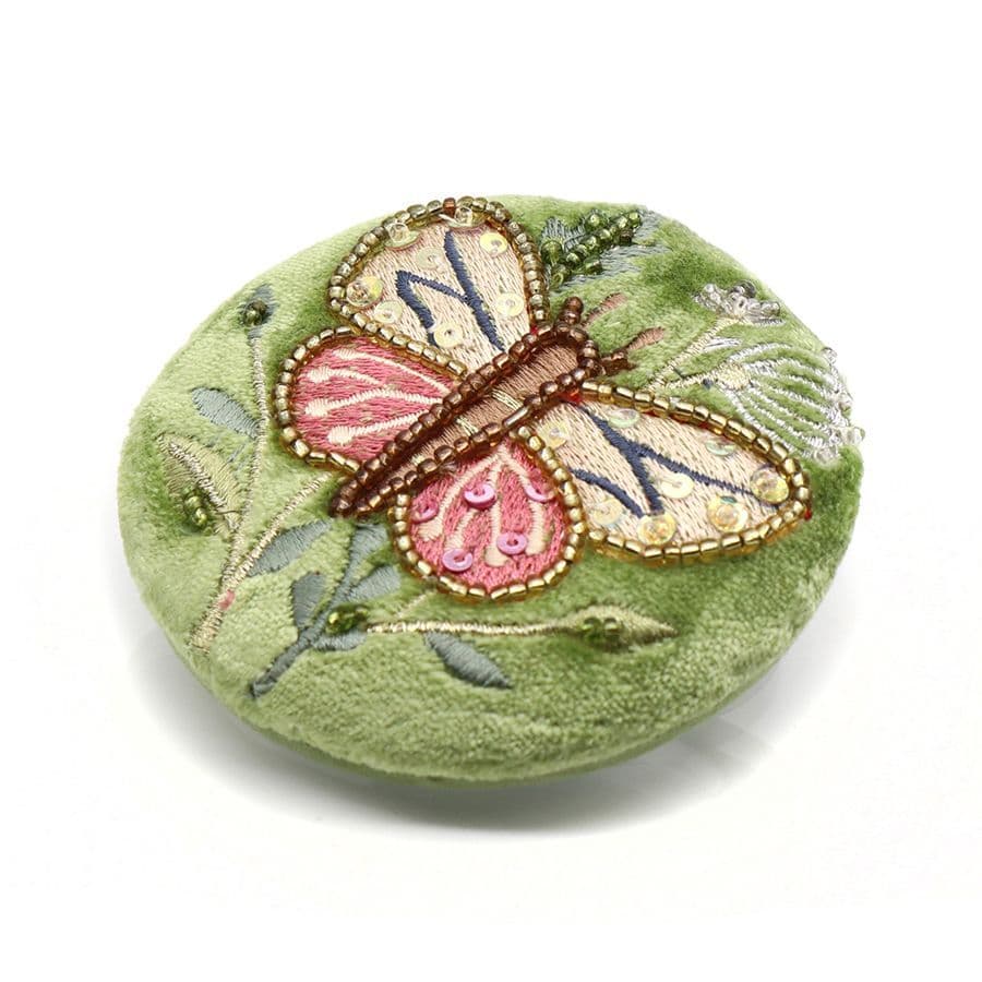 GREEN VELVET EMBELLISHED BUTTERFLY COMPACT MIRROR