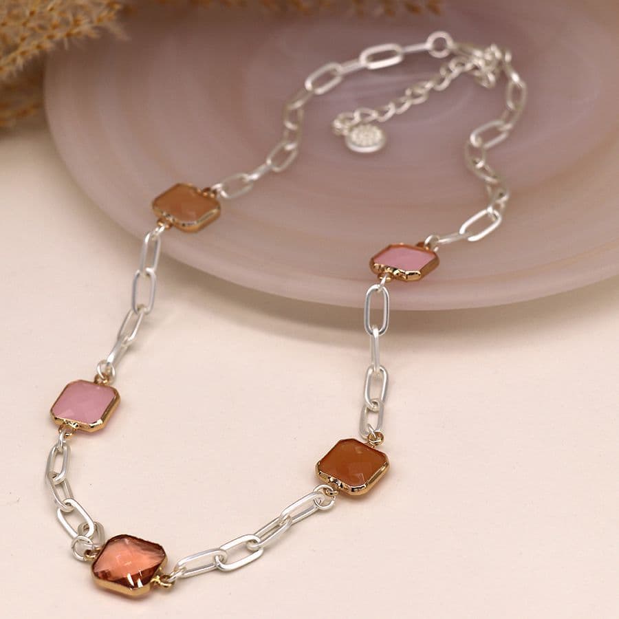 SILVER PLATED LINK CHAIN NECKLACE WITH PINK AND PEACH STONES