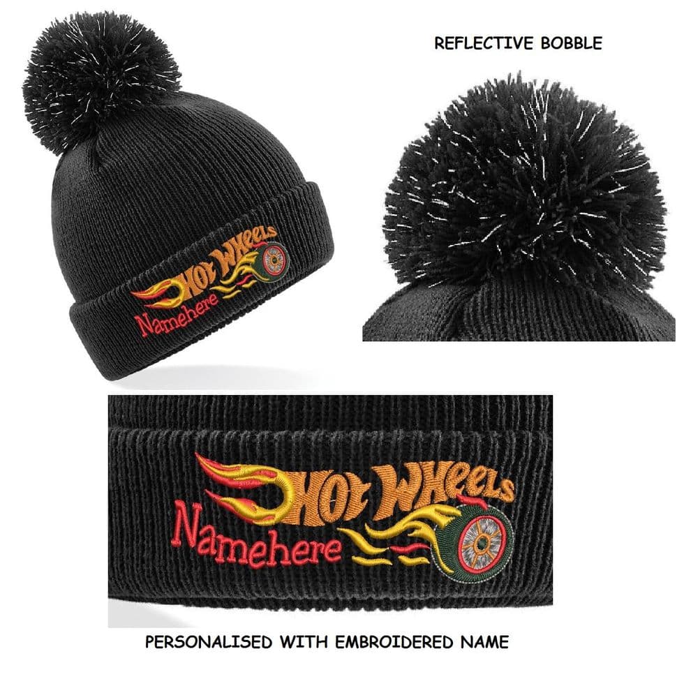 HOT WHEELS DESIGN WINTER KIDS BOBBLE HAT PERSONALISED EMBROIDERED WITH NAME