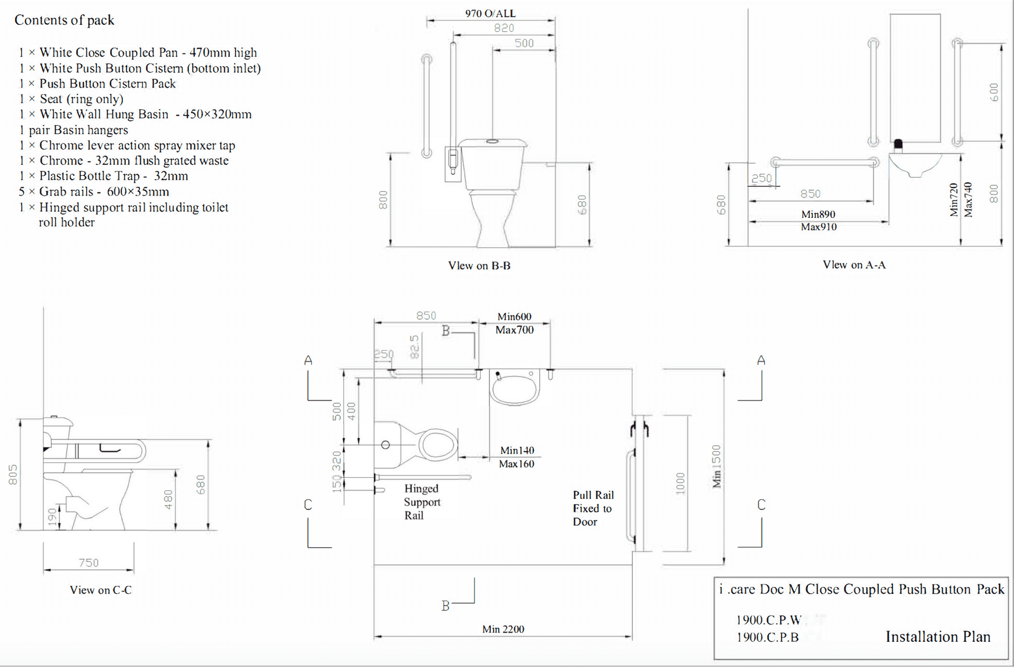 Doc M Pack with Grey Grab Rails, Push Button Cistern