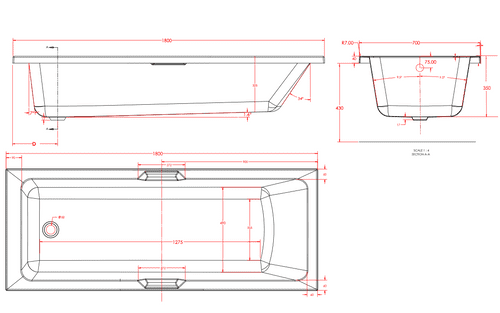 Beaufort Portland 1800 x 700mm Single Ended Low Level Bath Twin Grip