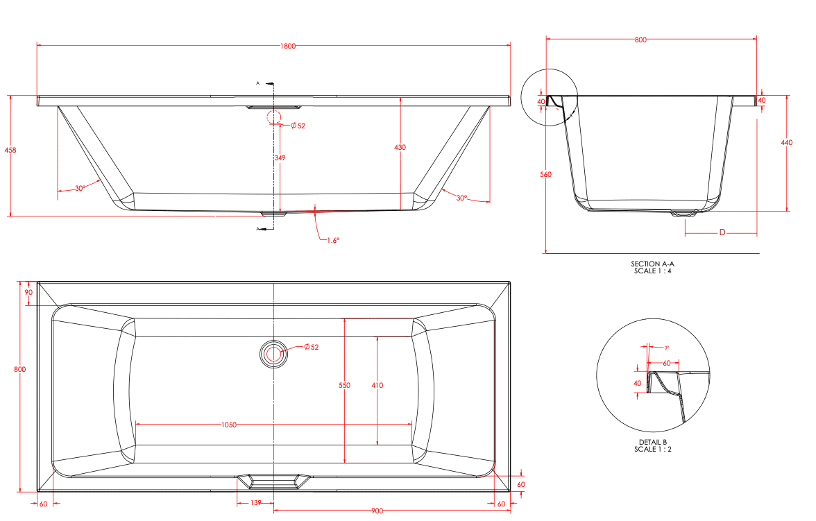 Beaufort Portland 1800 x 800mm Double Ended Bath Single Grip