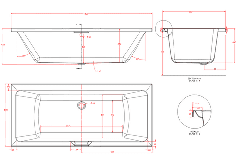 Beaufort Portland 1800 x 800mm Double Ended Bath Single Grip
