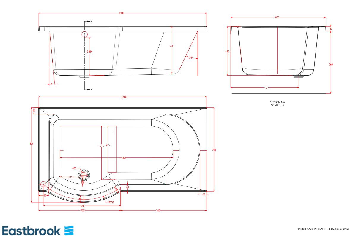 Beaufort Portland P Shape Shower Bath 1500 x 850mm Right or Left Hand