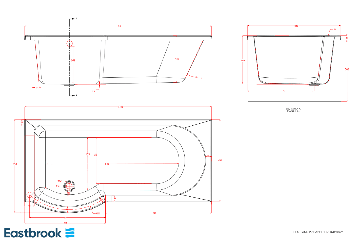 Beaufort Portland P Shape Shower Bath 1700 x 850mm Right or Left Hand