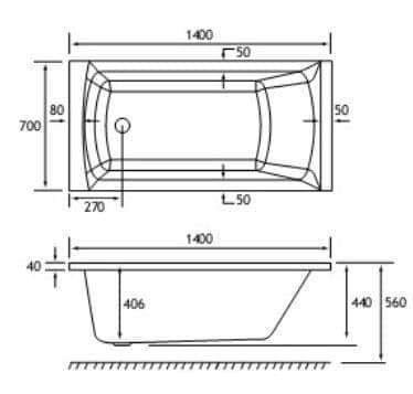 Beaufort Rockall 1400 x 700mm Single Ended Twin Grip Bath
