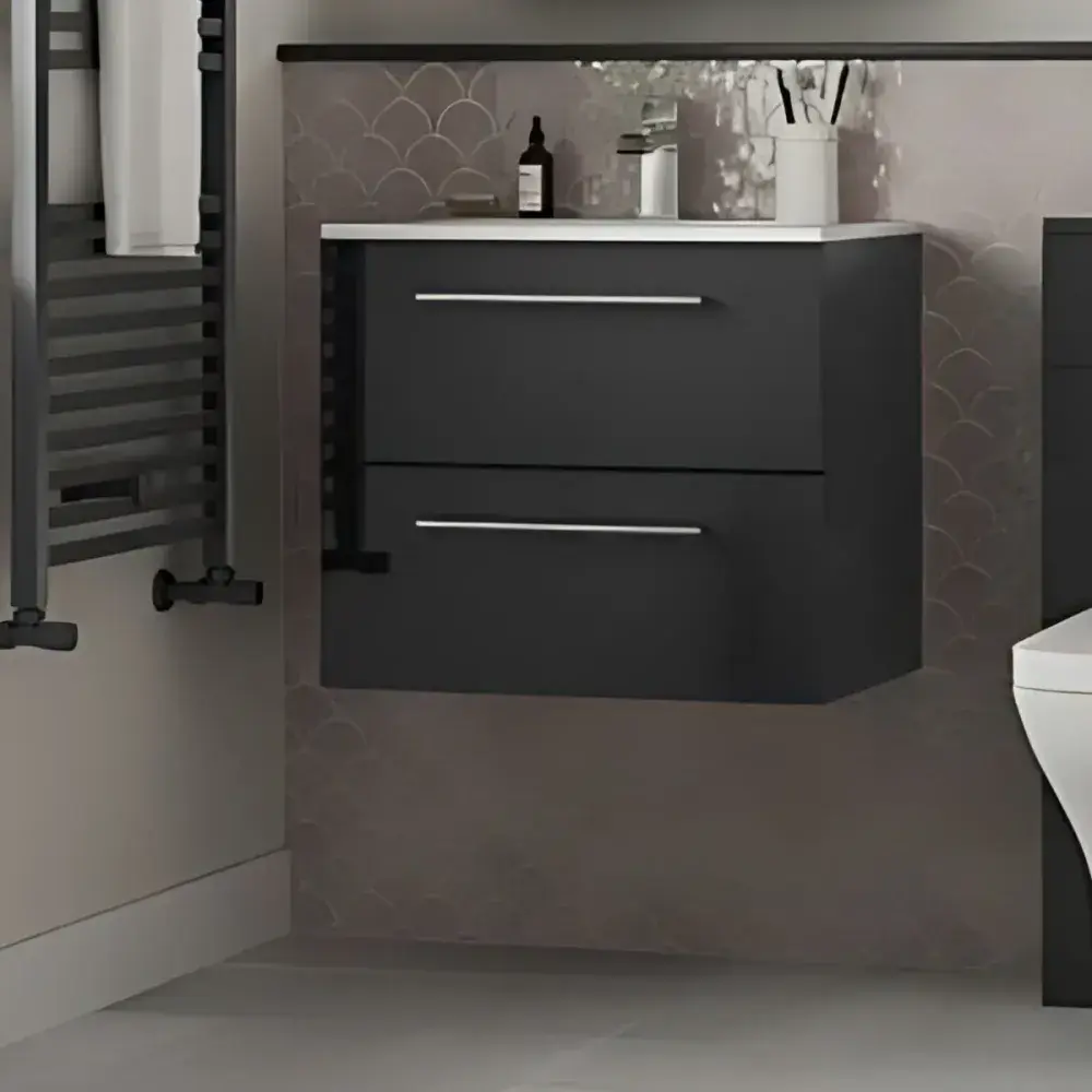 Deltar 610mm Dark Grey Wall Hung 2 Drawer Basin Unit with Basin