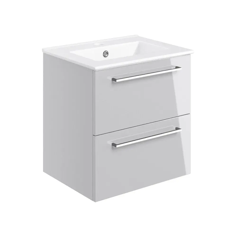 Deltar 610mm Wall Hung 2 Drawer Basin Unit with Basin Grey Gloss