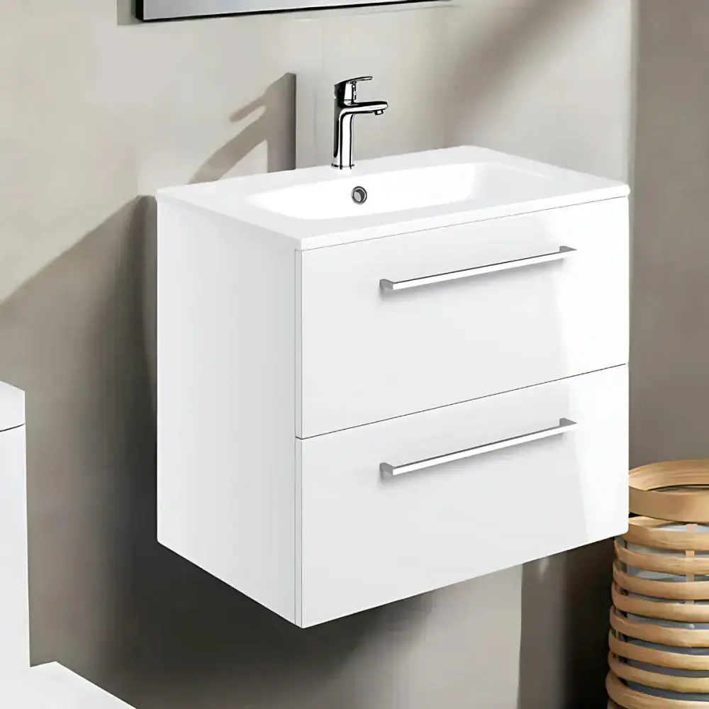 Deltar 610mm Wall Hung 2 Drawer Basin Unit with Basin White Gloss