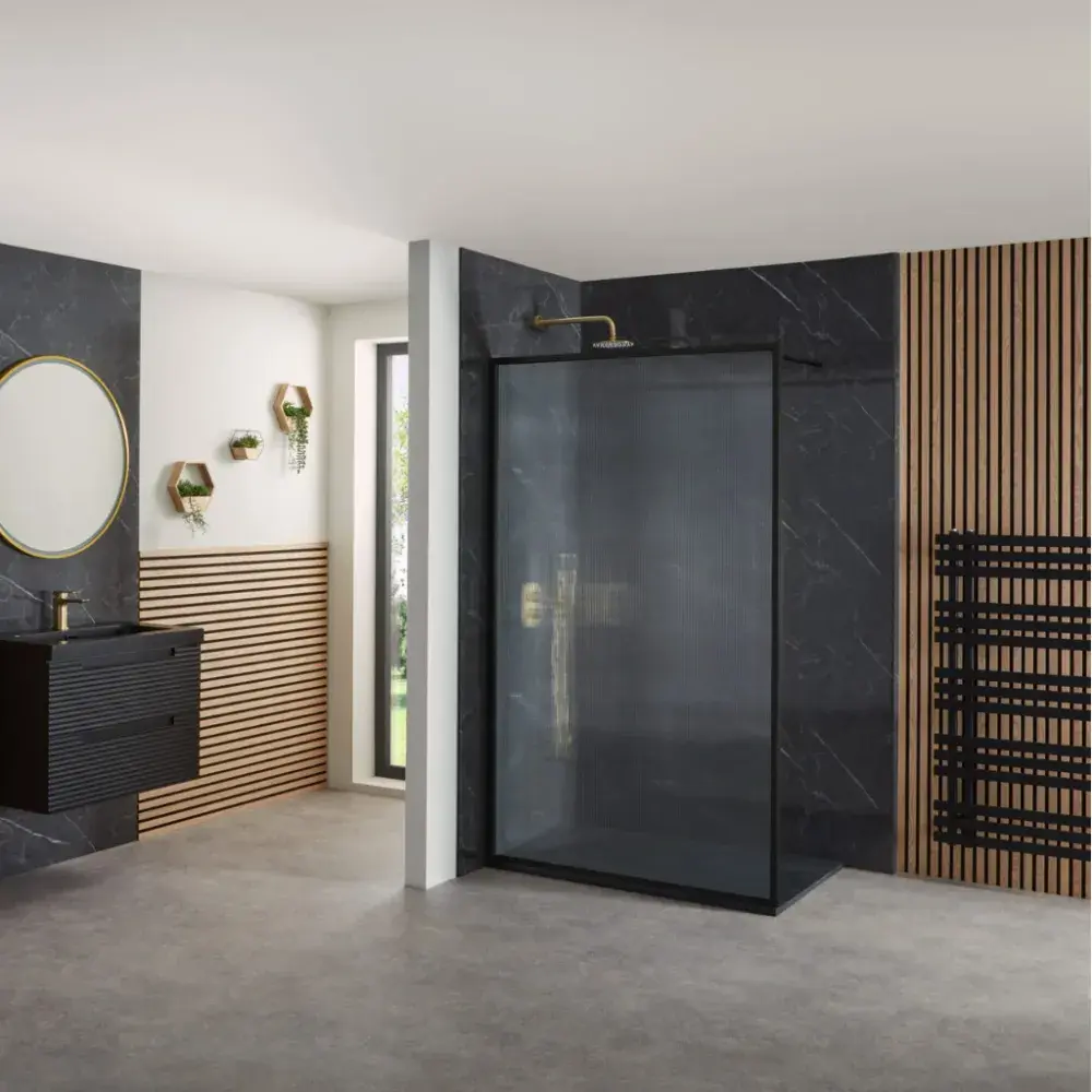 Frontline Velar Fluted Matt Black 1200mm Walk in Shower Screen