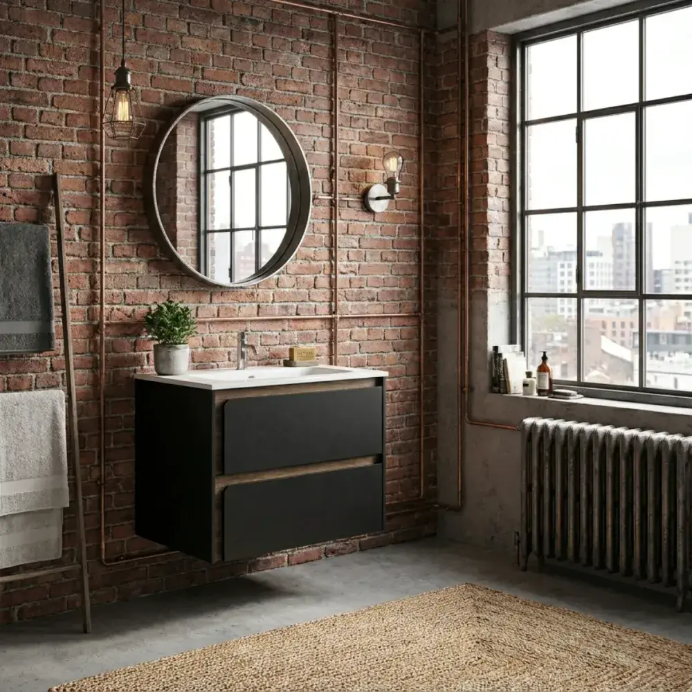Indico 800mm Matt Black & Walnut Wall Hung Two Drawer Vanity Unit ...