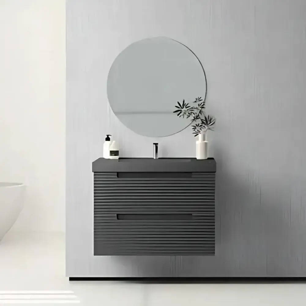 Kyoto 600mm Matt Graphite Wall Hung Fluted Drawer Unit inc Basin