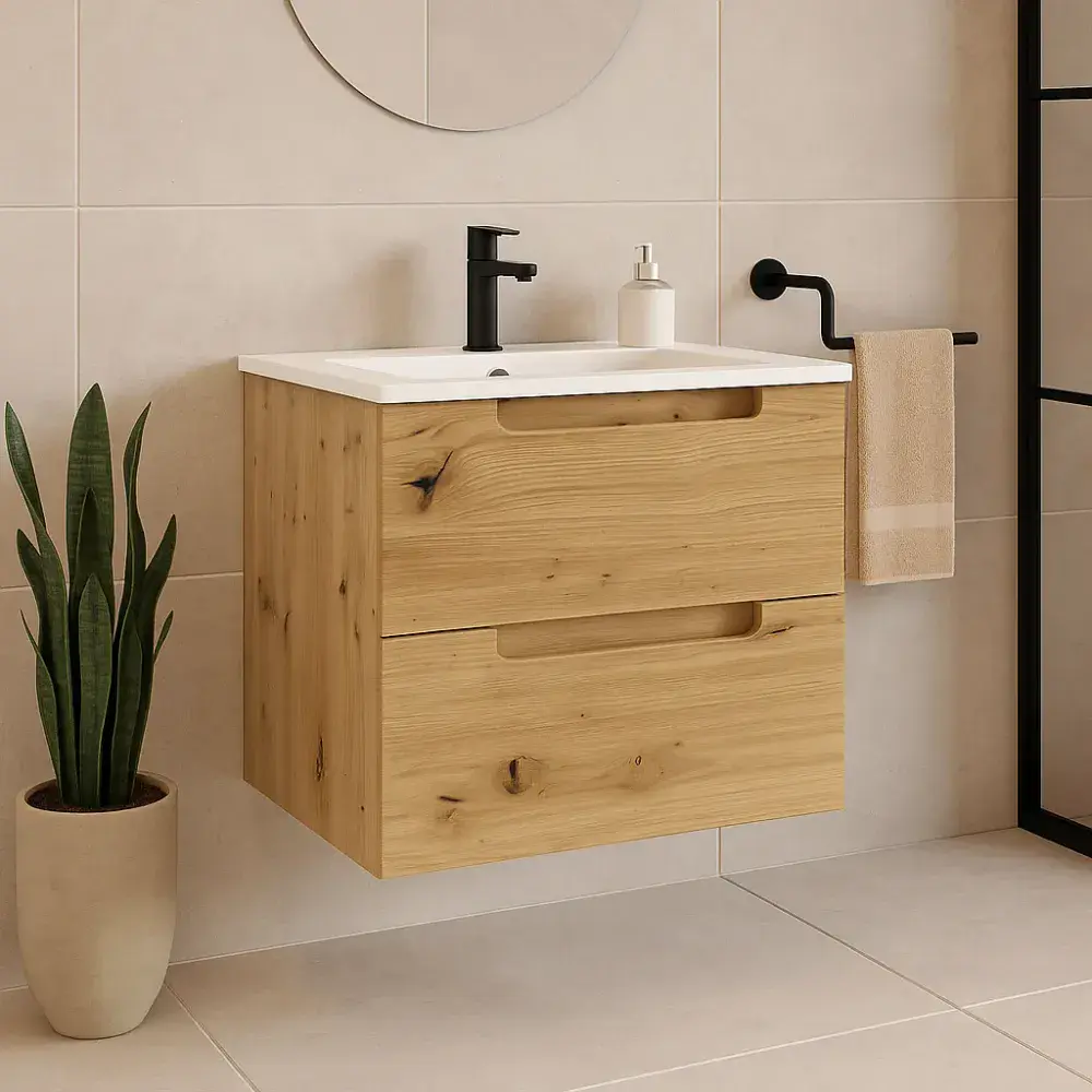 Kyoto 600mm Oak Wall Hung Fluted Drawer Unit inc Basin