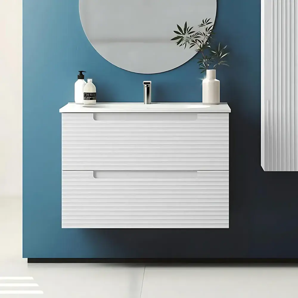 Kyoto 600mm White Wall Hung Fluted Drawer Unit inc Basin