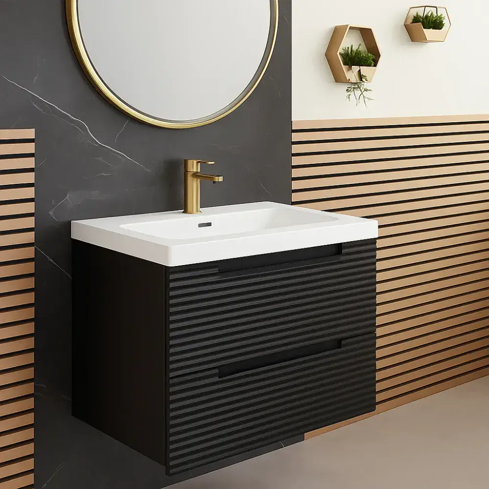 Kyoto 800mm Matt Black Wall Hung Fluted Drawer Unit inc Basin