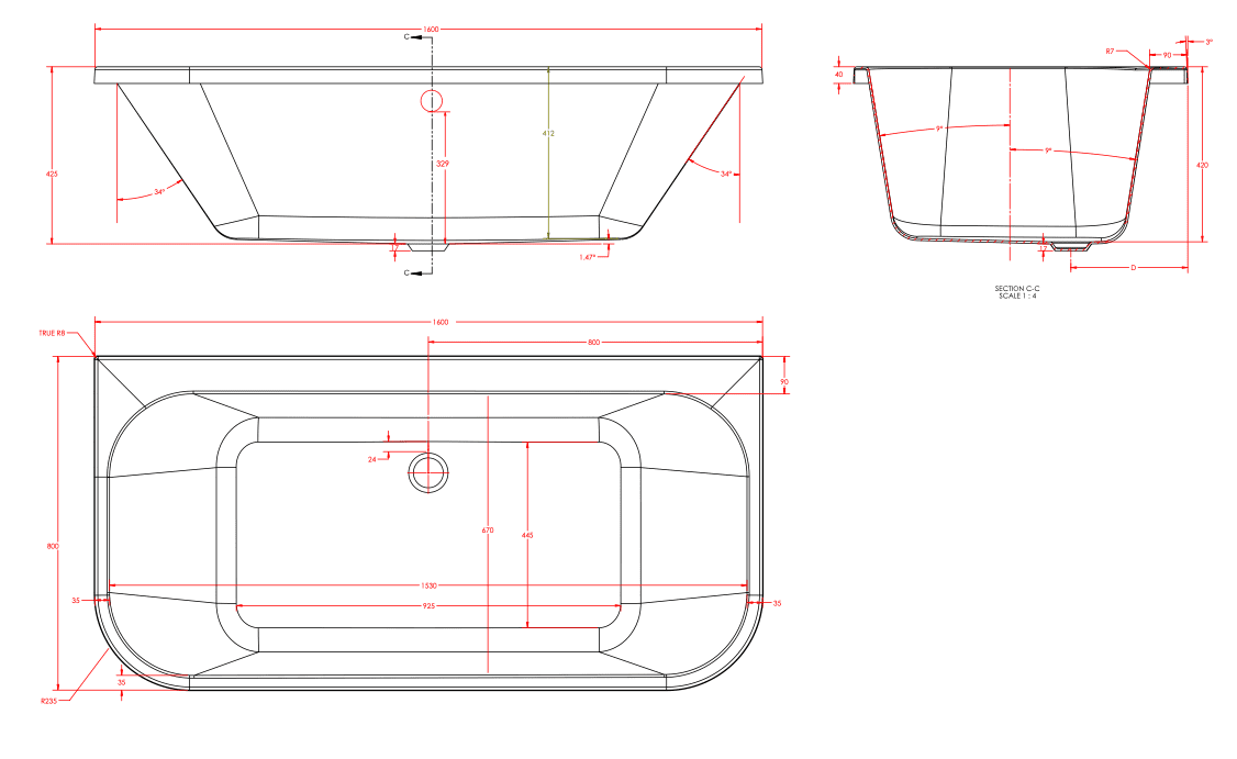 Malin D Shape Back To Wall Bath 1600 x 800mm
