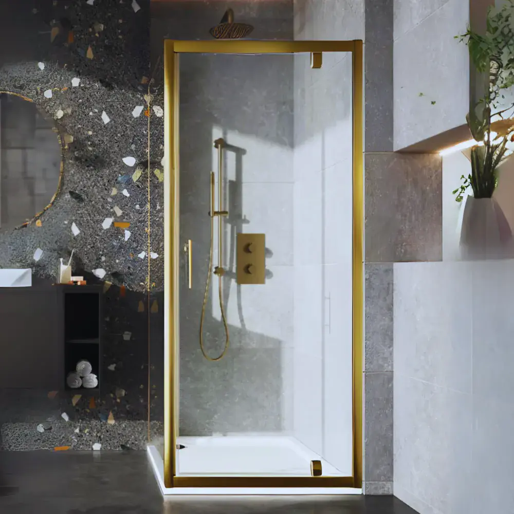 Brushed Brass Pivot Door Shower Enclosure with Optional Side Panel