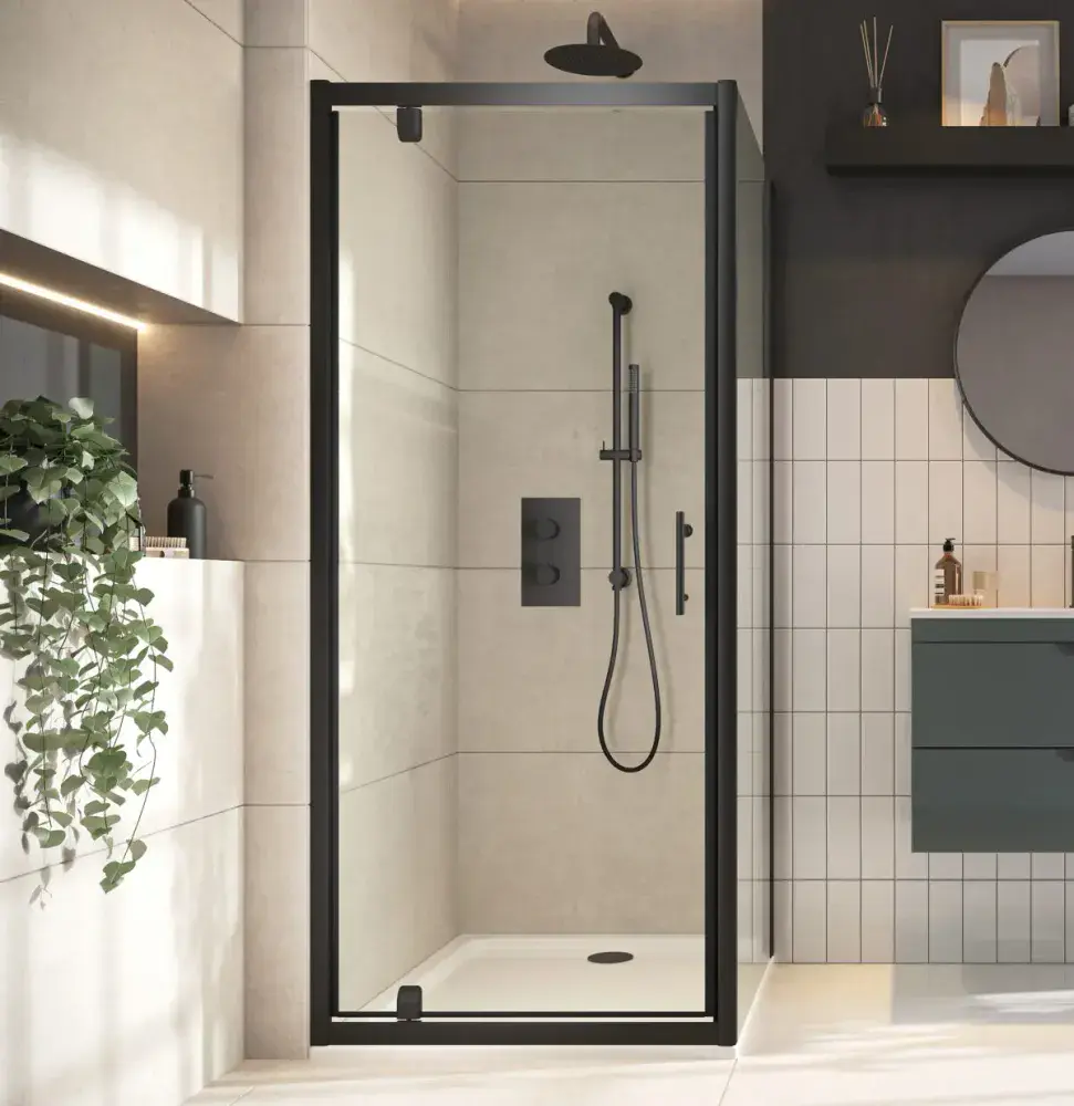 Niro Matt Black Pivot Door with Optional Side Panel & Tray Various Sizes