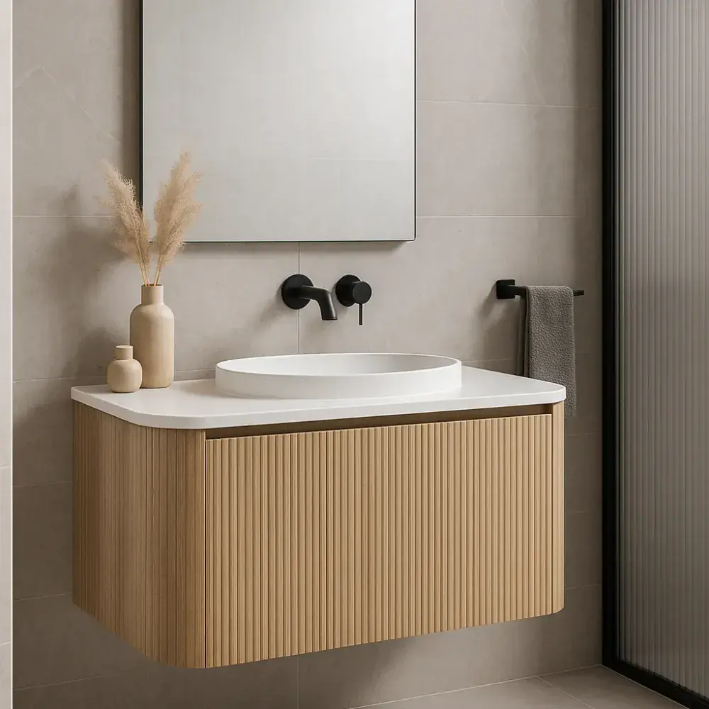 Opulenza Curve 900mm Wall Hung Fluted Unit - Sonoma Oak