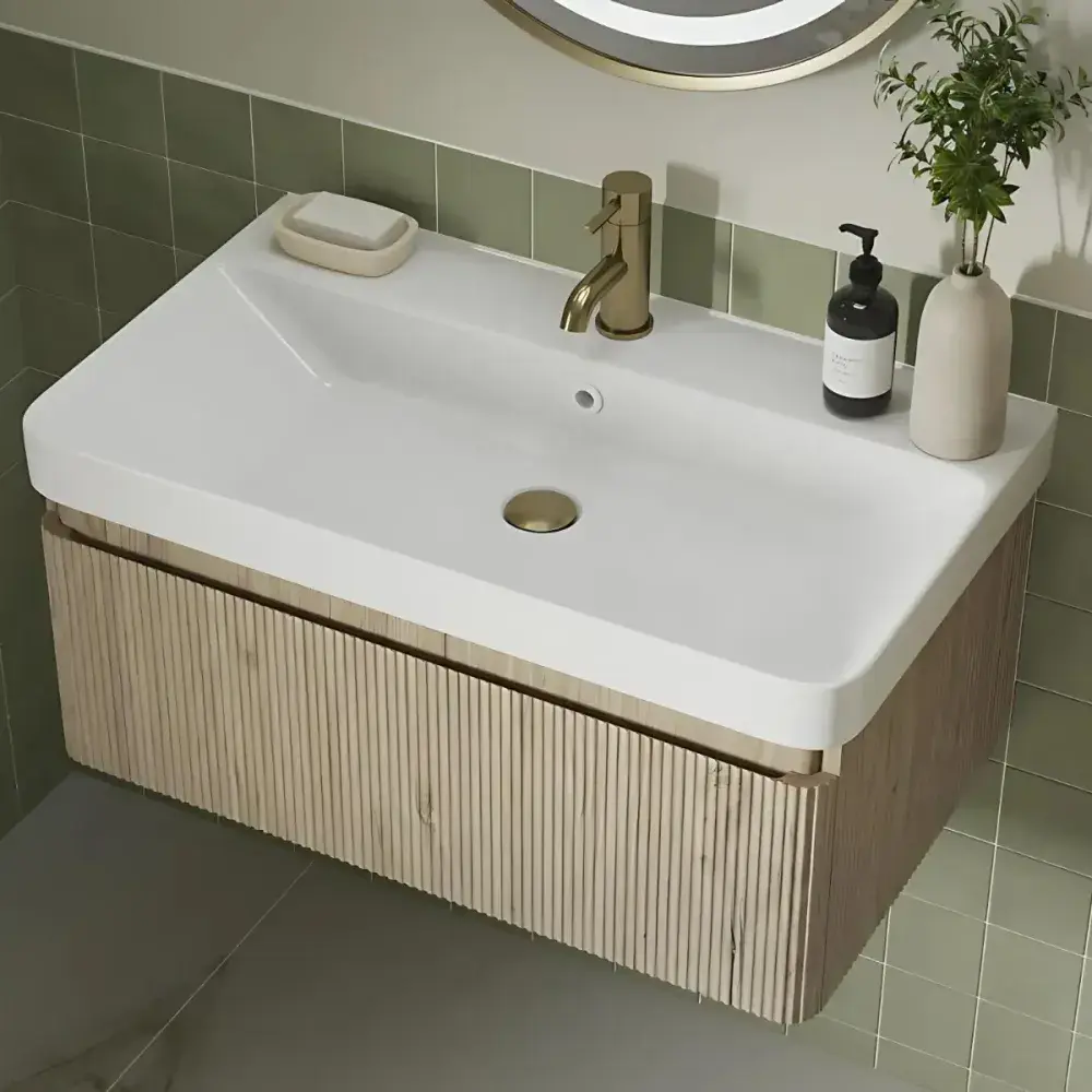 Quba 500mm Wall Hung 1 Drawer Basin Unit & Basin - Textured Oak