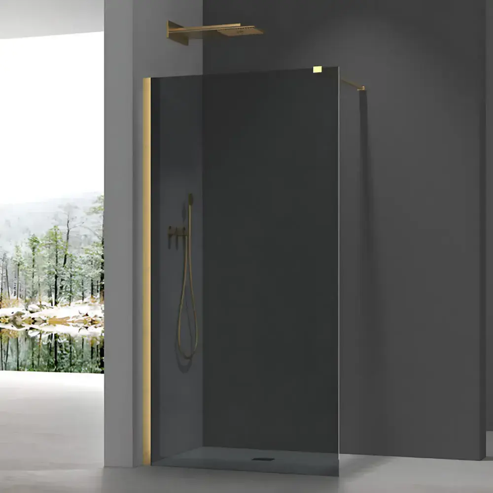 Smoked Walk In Shower Panels - Brushed Brass Profile