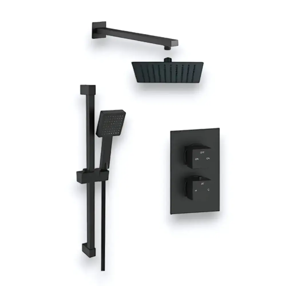 Square Matt Black Concealed Shower Pack with Heads Twin Outlet - BIV
