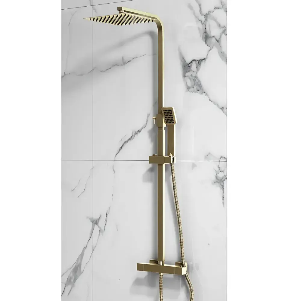 Square Thermostatic Dual Head Shower Set - Brushed Brass / Gold