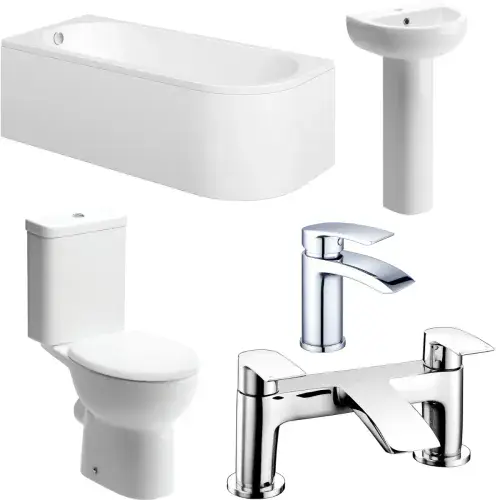 Swept Corner Bath Suite with Basin, Toilet and Taps
