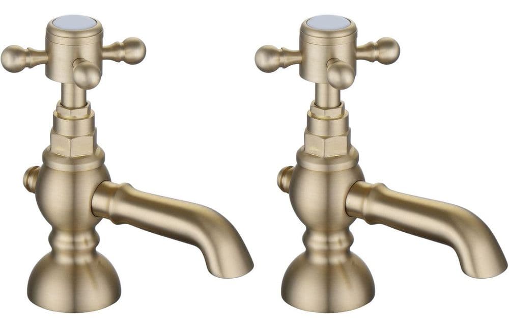 Victor Basin Taps Pair Brushed Brass Traditional Cross Top