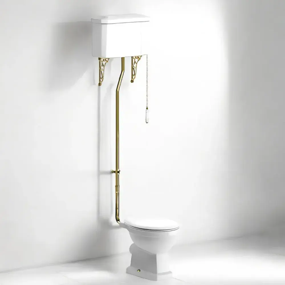 Victorian High Level Toilet with Pan Brushed Brass Flushpipe Cistern ...