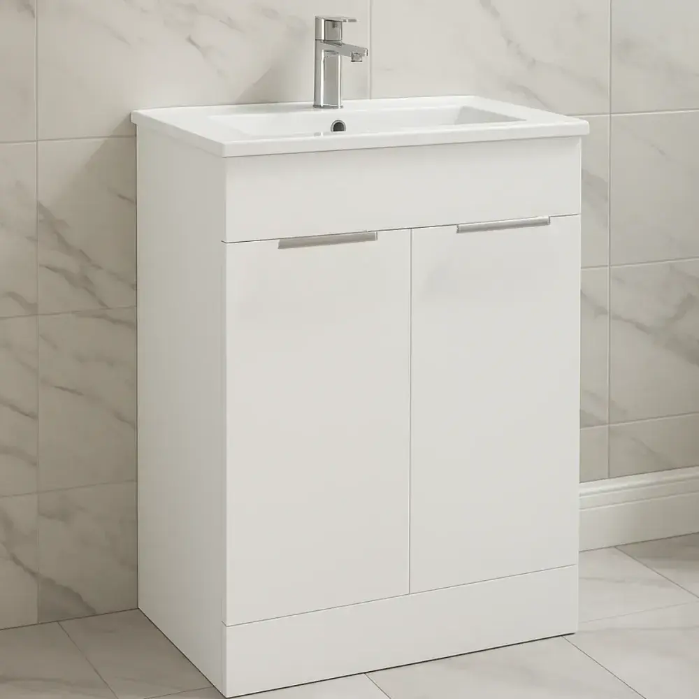 Vintage 615mm Floor Standing 2 Door Basin Unit with Basin Matt White
