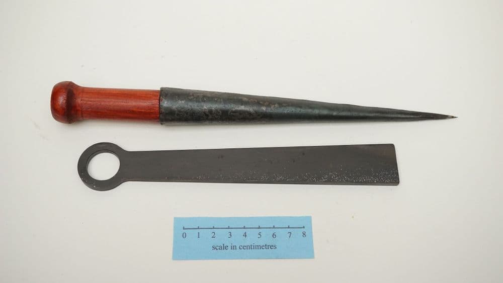 basket weavers large taper bodkin and rapping iron with stained pine ...