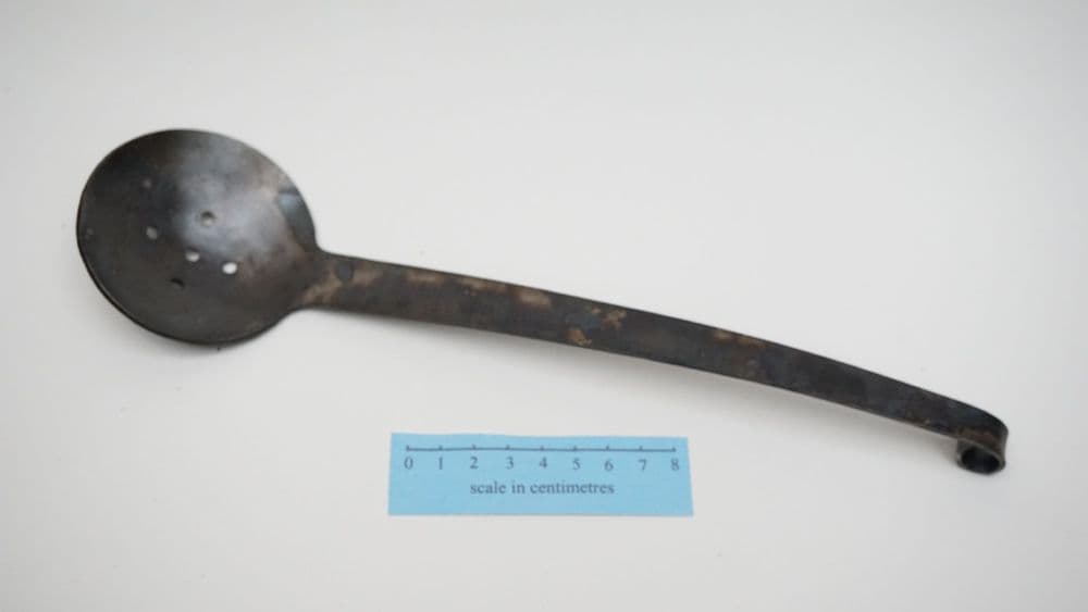 Roman to medieval shallow sieve spoon 12" 300mm long