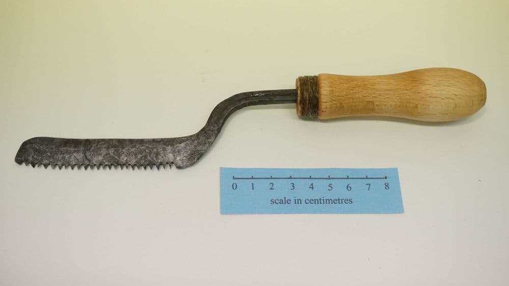 Roman Wroxeter dog leg saw with beech wood handle and linen ferrule ...
