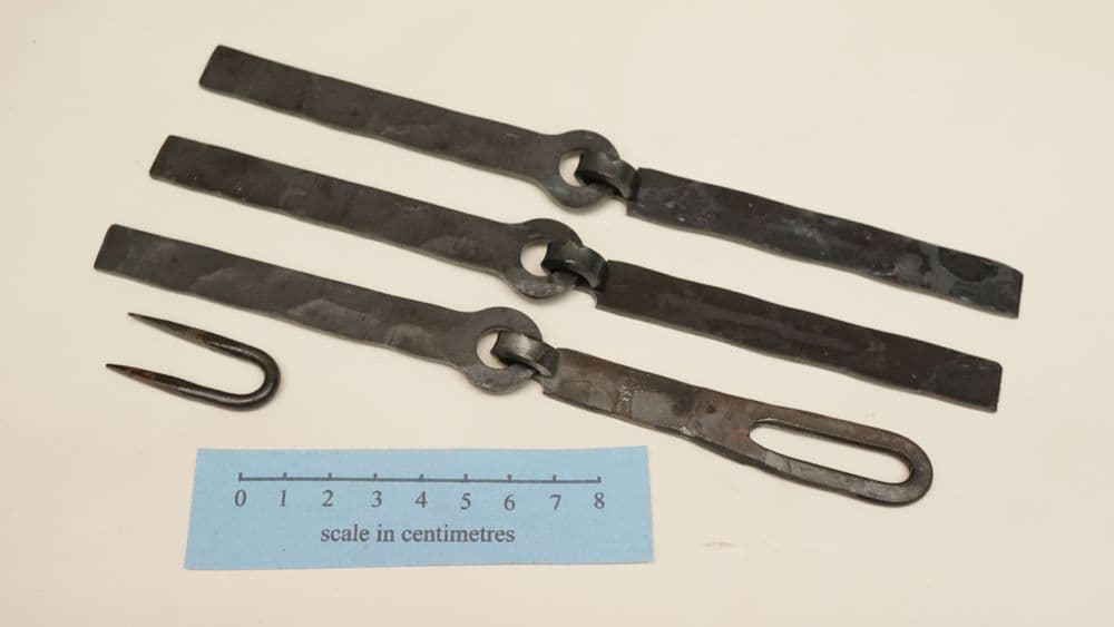 undrilled roman to medieval small pair of hinges hasp staple 100mm long