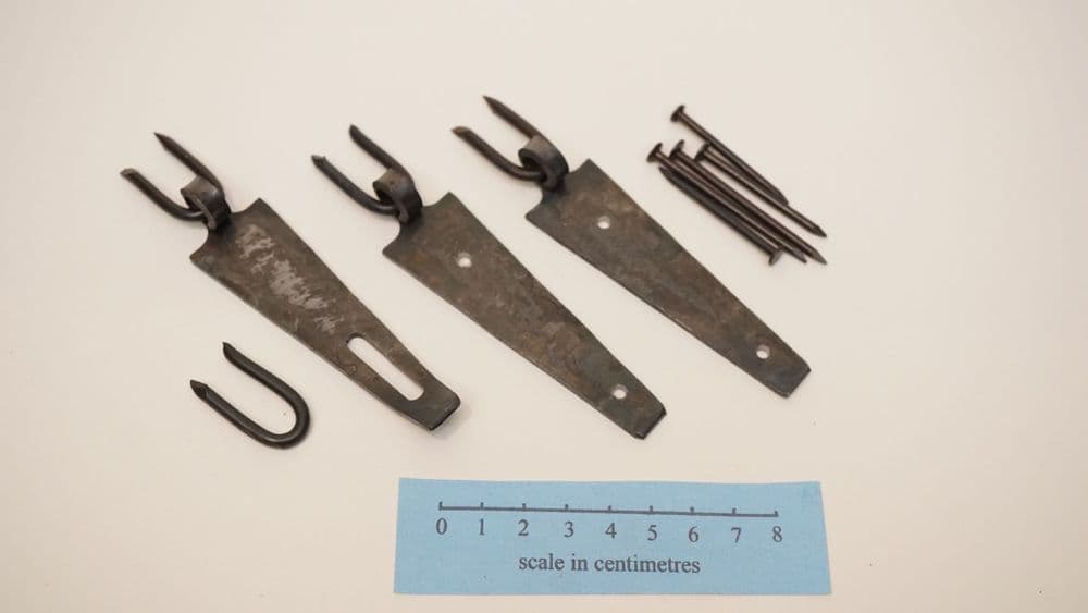 viking anglo-norse style hinge hasp and staple set drilled with nails