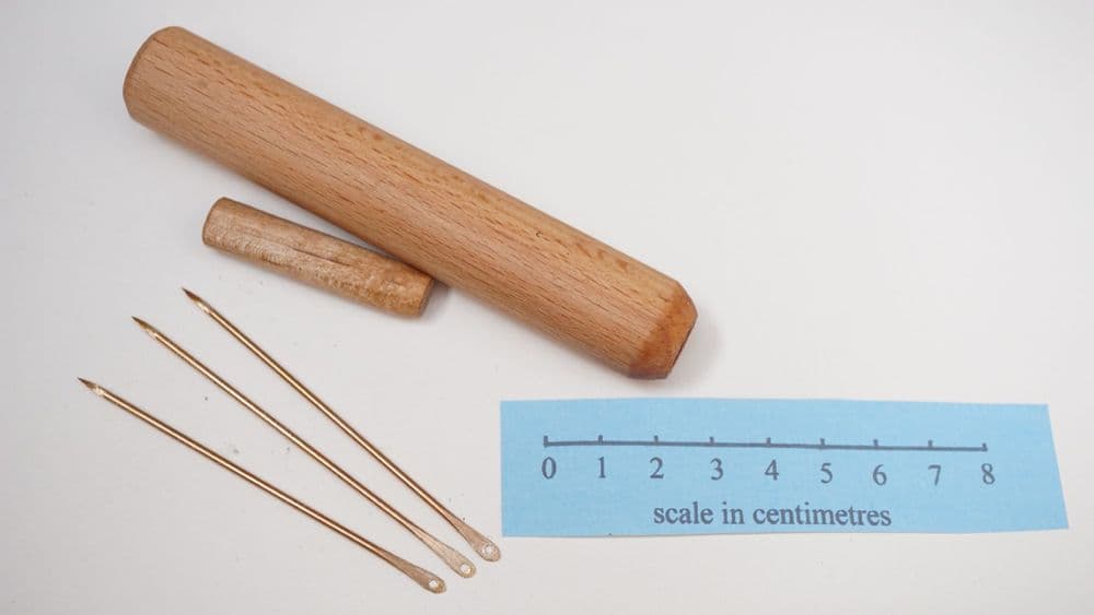 viking to medieval wooden needle case and choice of bronze needles