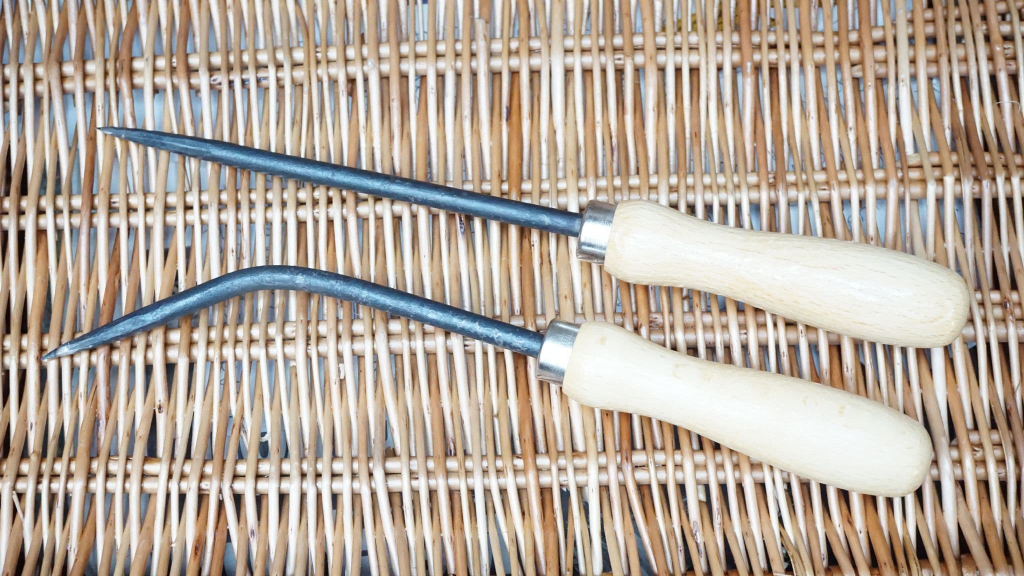 willow basket weaving tool set of 2 bodkins with modern ferrules
