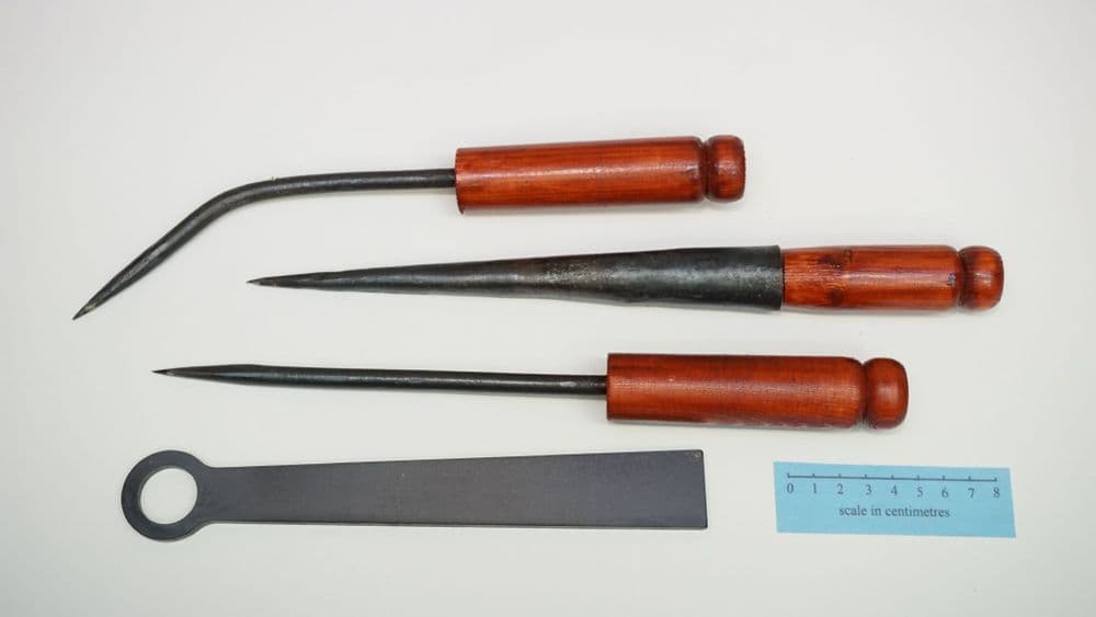 willow basket weaving tool set of 4 with stained pine bobtail handles