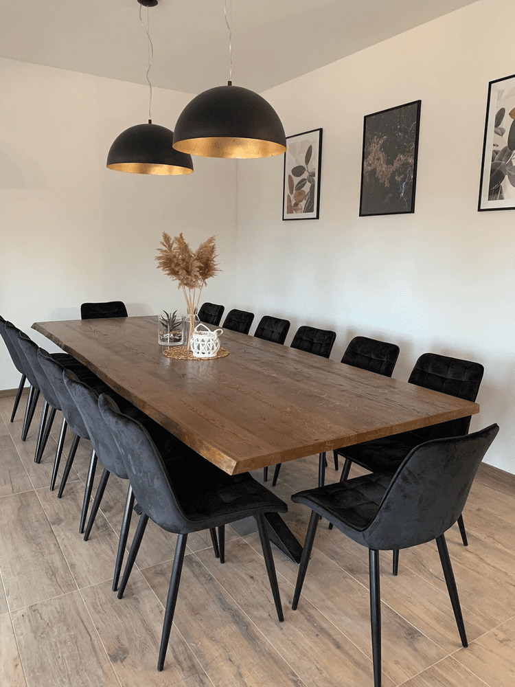 Live Edge Solid Oak Wood Dining Table with Crossover Frame Legs