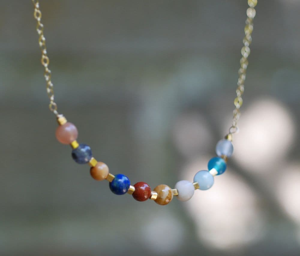 Delicate Beaded Solar System Gold Gemstone Necklace
