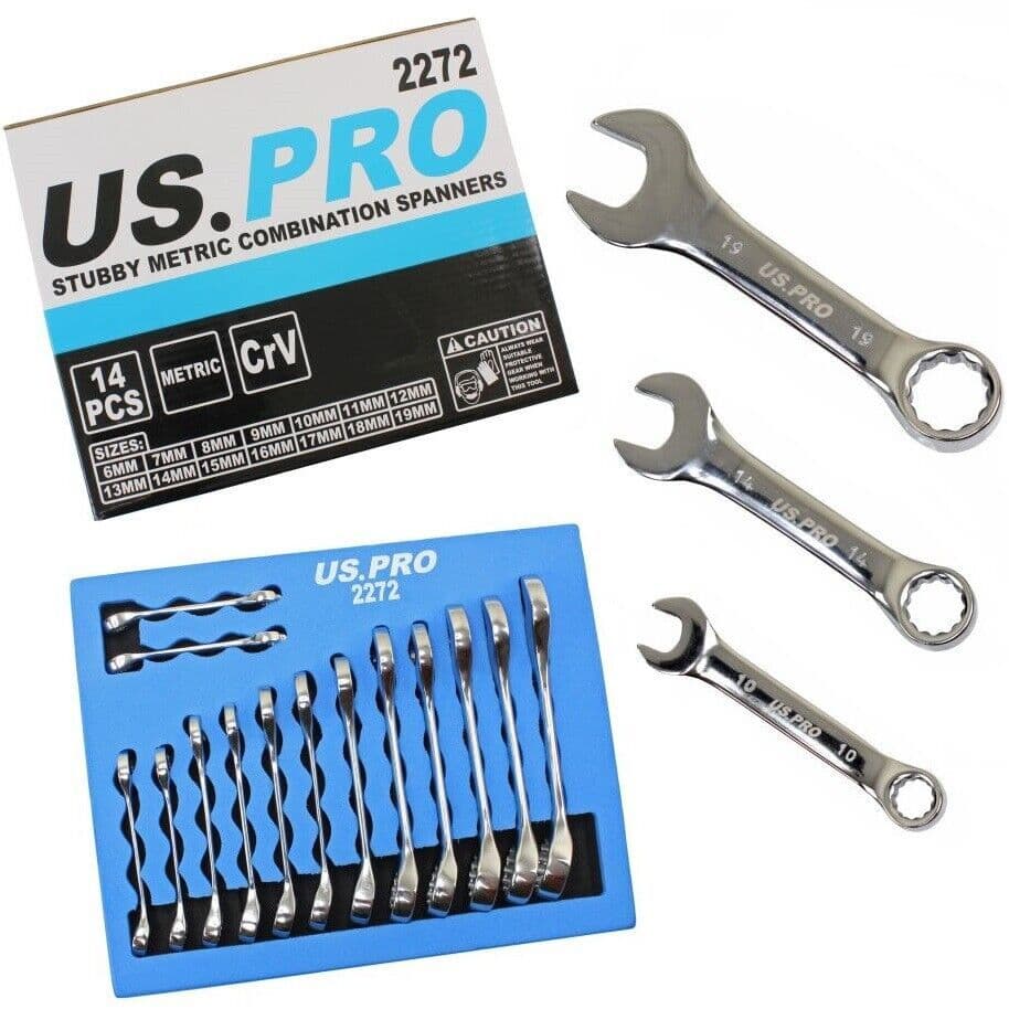 14pc Stubby Combination Spanner Set 6mm to 19mm US PRO 2272