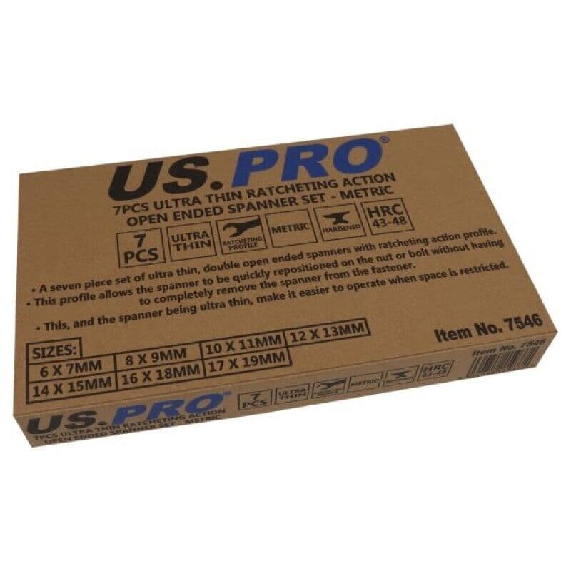 Ultra Thin Flat Open End Spanner Set Ratchet Action 6mm/19mm US PRO 7546