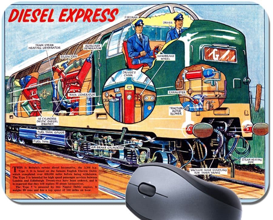 Vintage British Diesel Locomotive Cutaway Mouse Mat Railway Train Mouse Pad